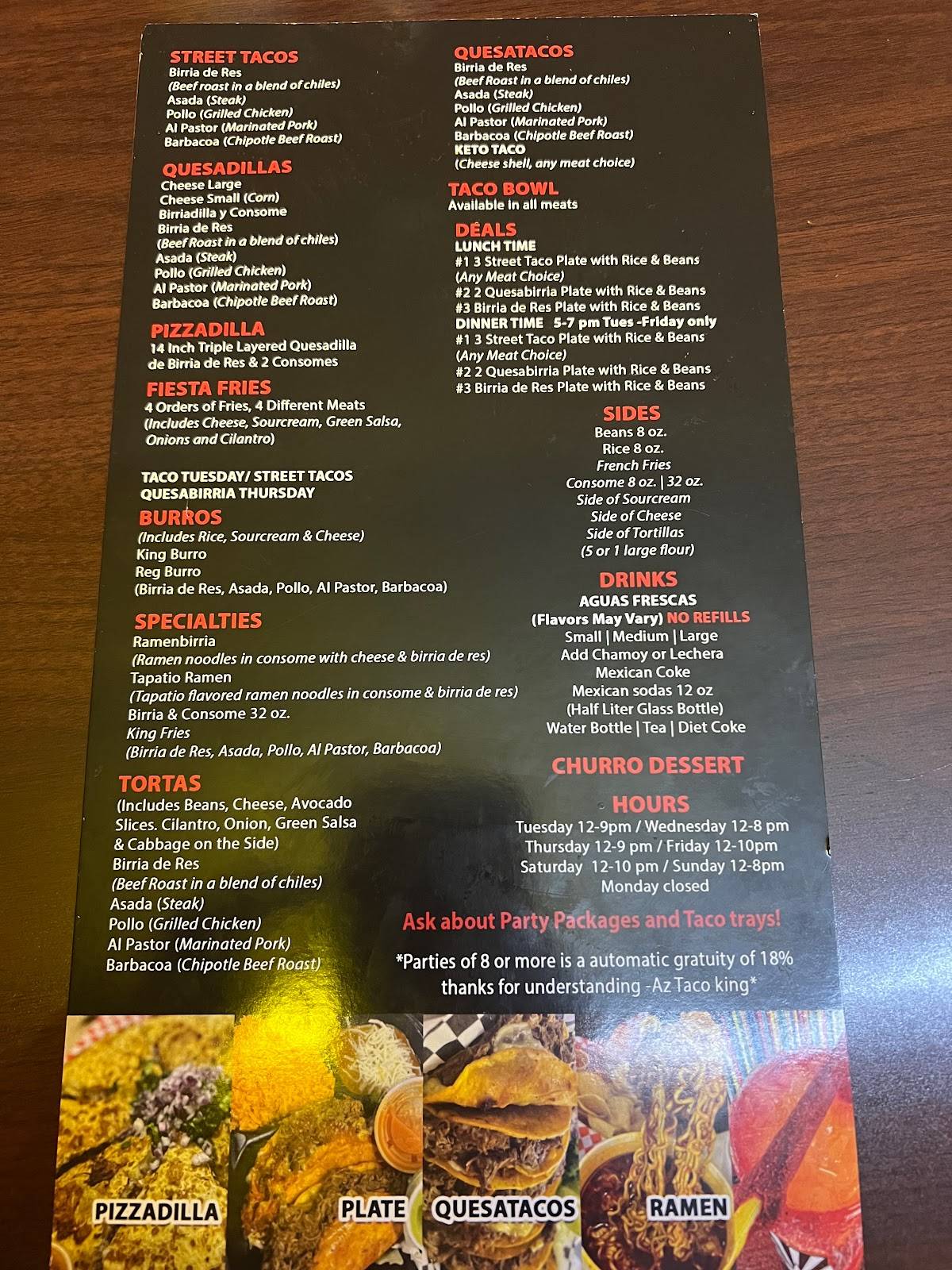Menu at AZ Taco King Phoenix restaurant, Phoenix