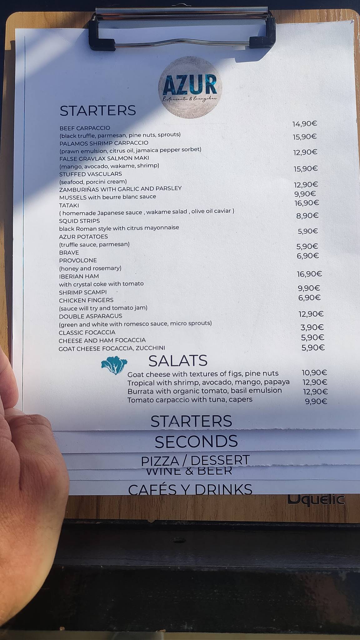 Carta de AZUR Restaurante & LoungeBar, Ampuriabrava