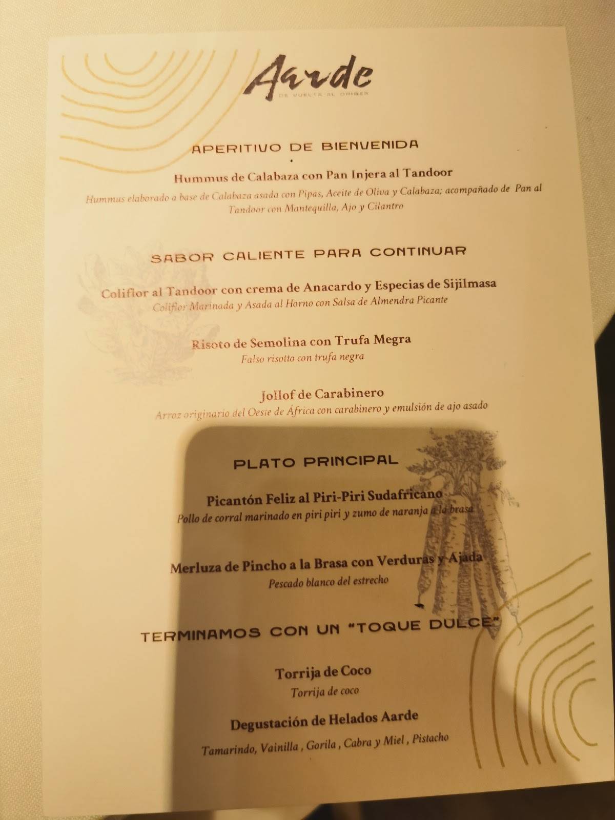 Menu at Aarde restaurant, Madrid