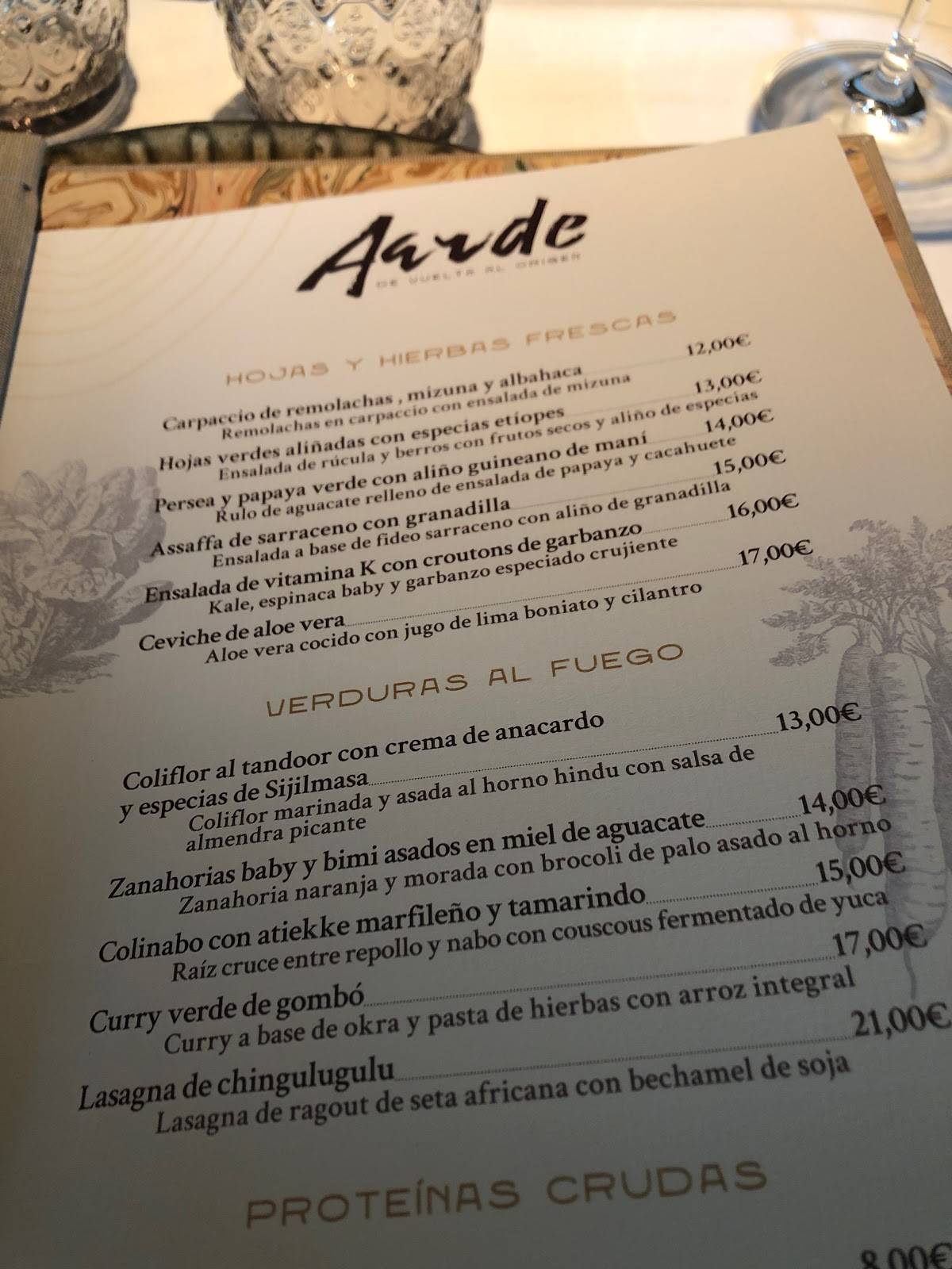 Menu at Aarde restaurant, Madrid