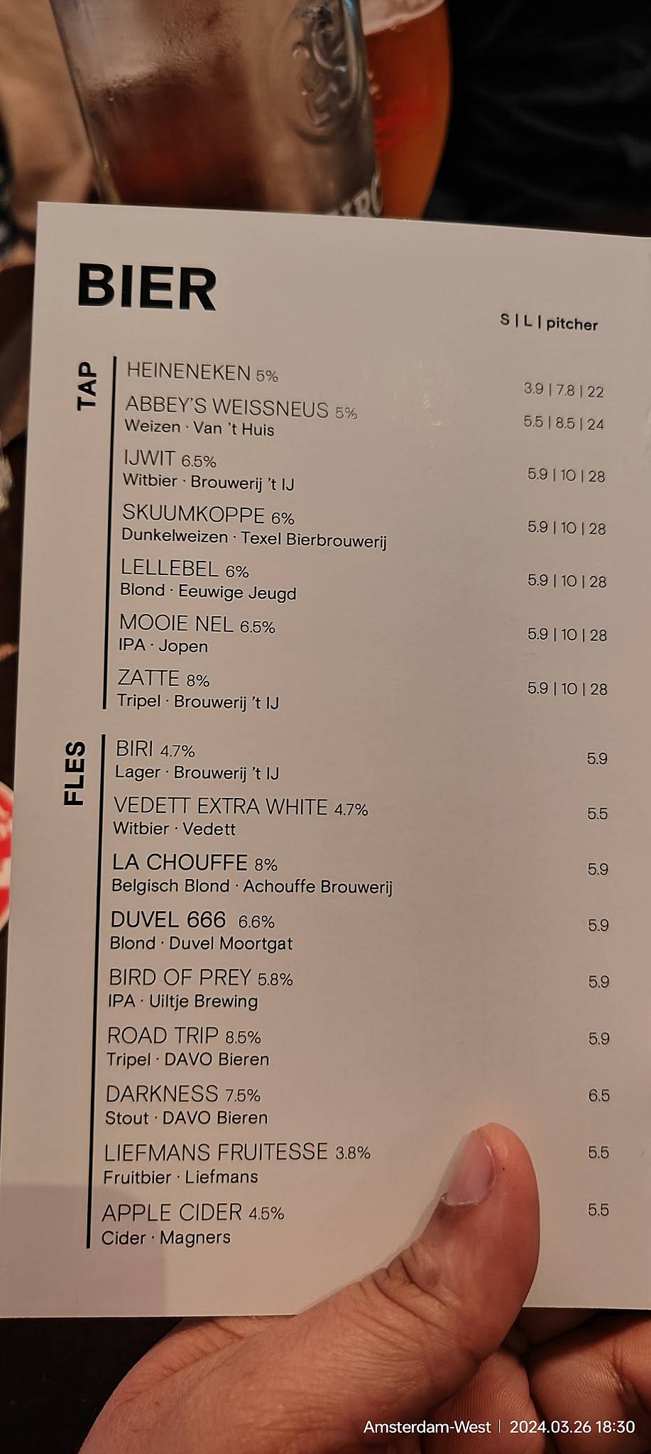 Menu at Abbey, Amsterdam