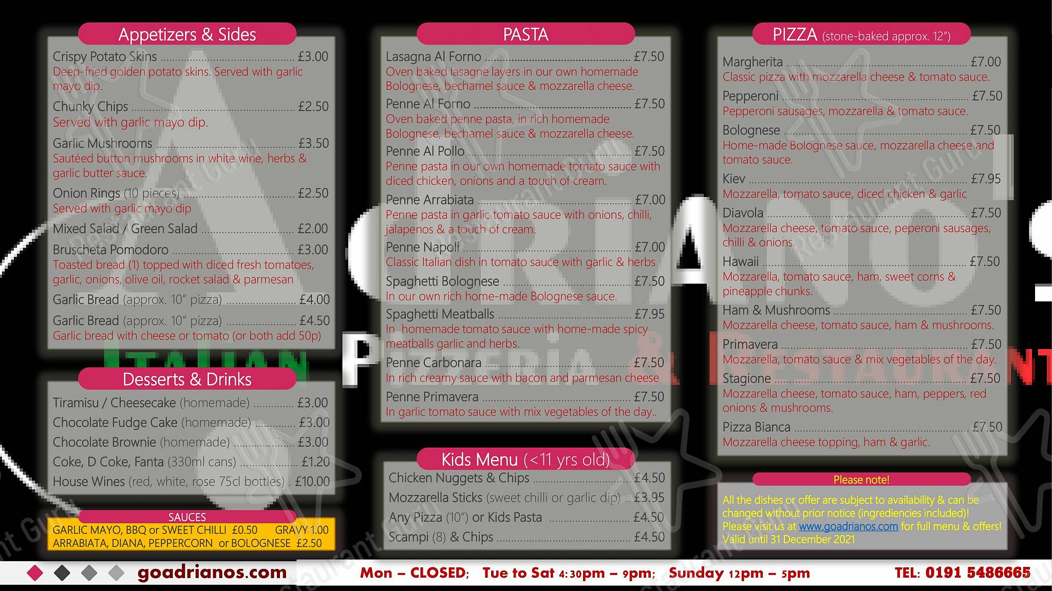 Carta de adrianos pizzeria, Sunderland