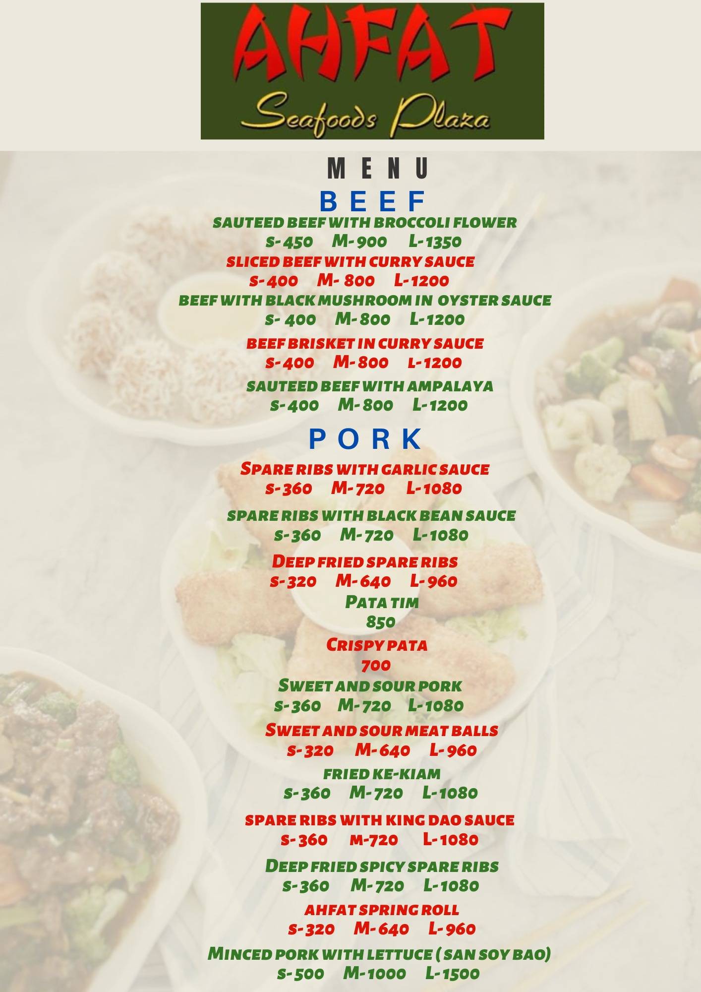 Menu at Ahfat Seafoods Plaza restaurant, Davao City
