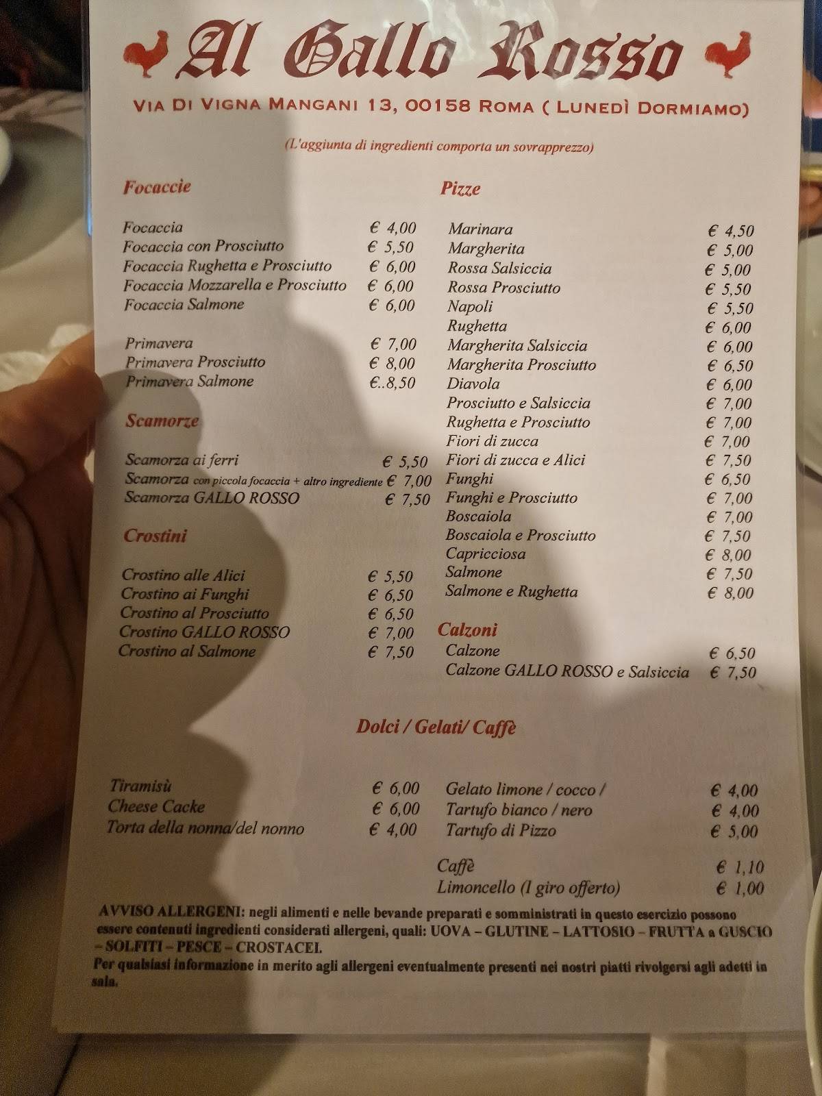 Menu da Al Gallo Rosso ristorante, Roma, Via di Vigna Mangani
