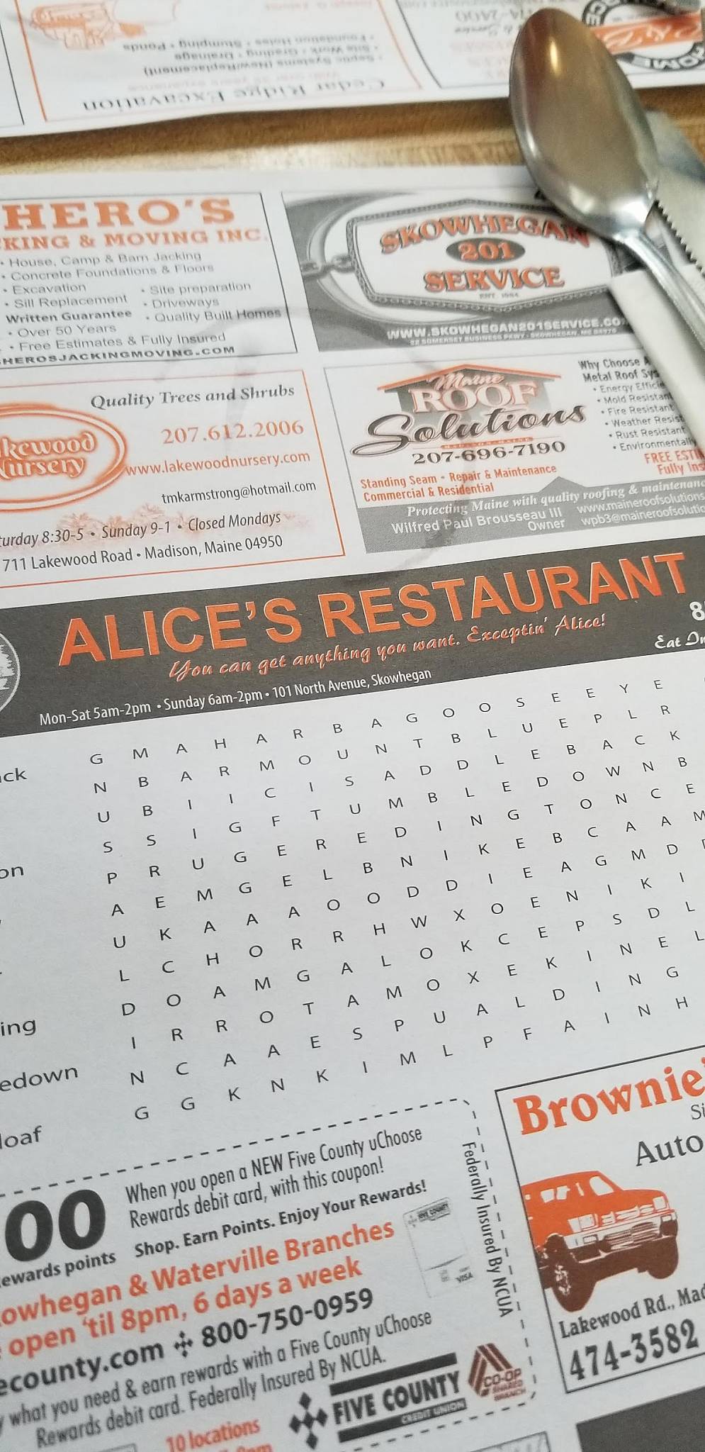 Menu at Alice's Restaurant, Skowhegan
