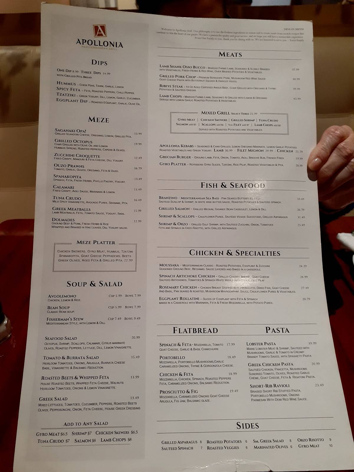 Menu at Apollonia Grill restaurant, Sarasota, Cooper Creek Blvd