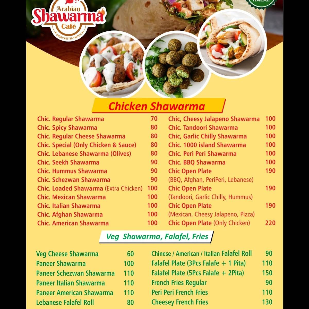 Menu at Arabian Shawarma Cafe, India, Shop no. 2