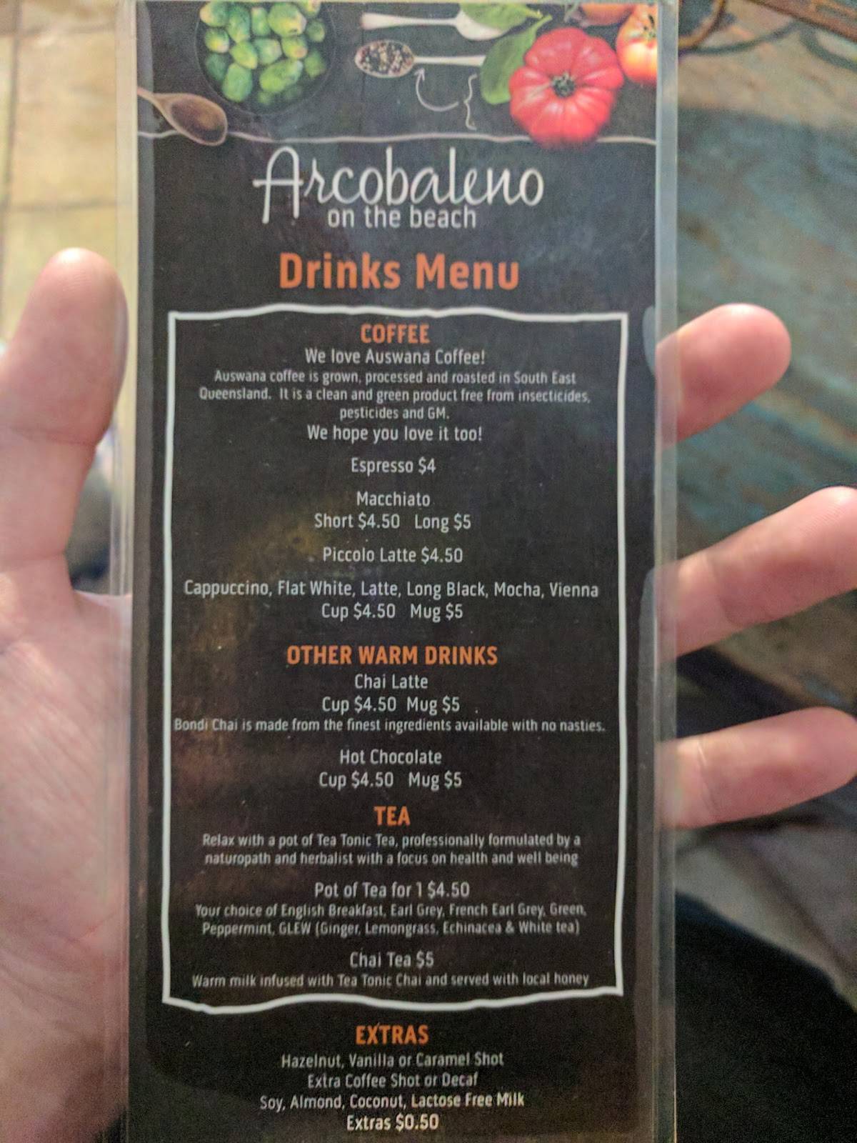 Menu at Arcobaleno on the Beach restaurant, Rainbow Beach