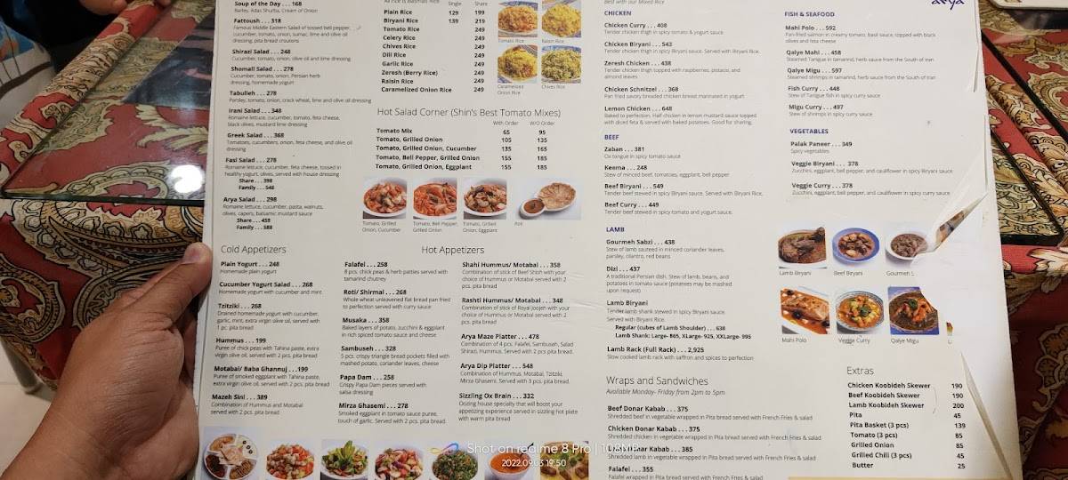 Menu at Arya - Manila - L1 & L2 Robinsons Place Ermita - (Persian ...
