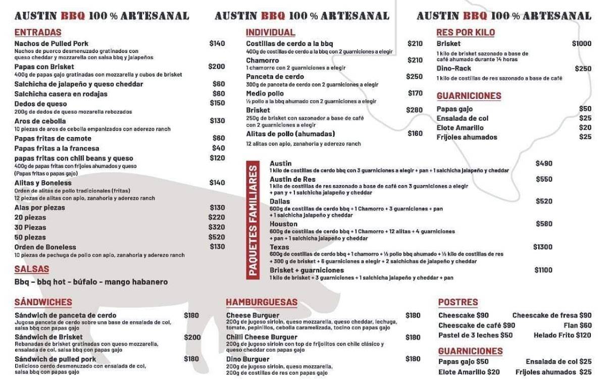 Menu at Austin’s BBQ, Mazatlán