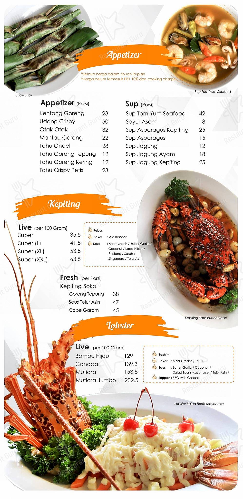 Menu at Bandar Djakarta restaurant, Jakarta, Jl. Pantai Indah No.7