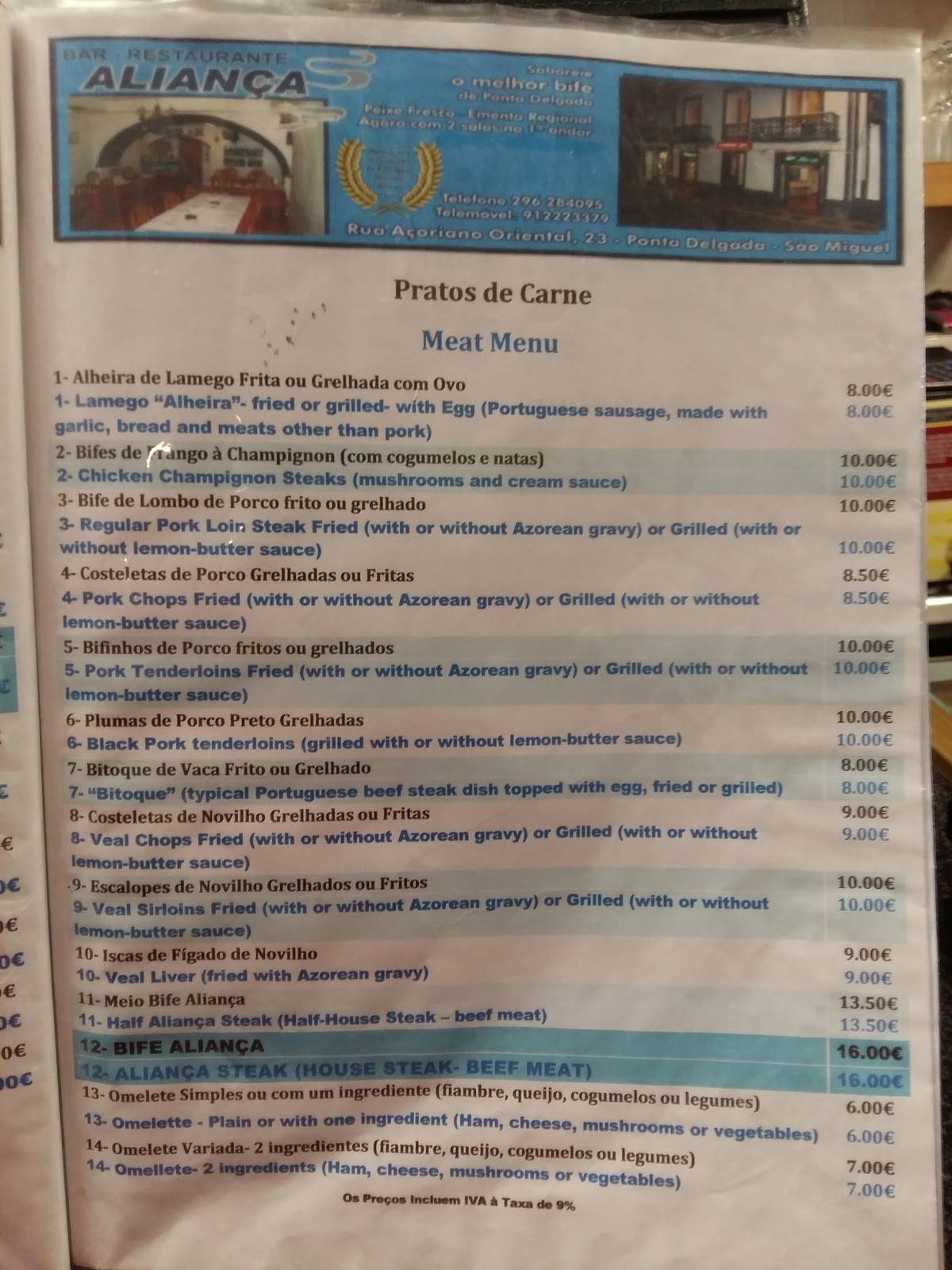 Menu em Bar-Restaurante Aliança, Ponta Delgada