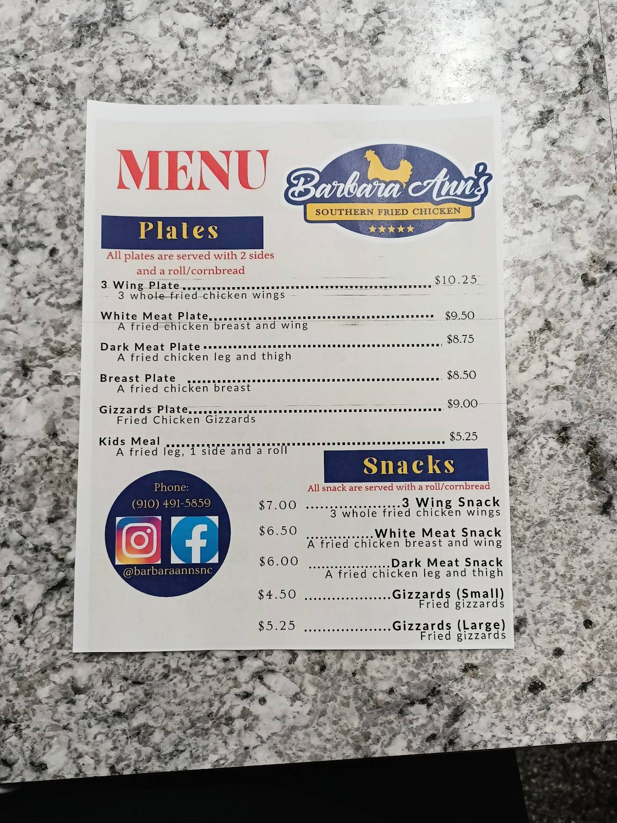 Menu at Barbara Ann's Southern Fried Chicken, Hope Mills