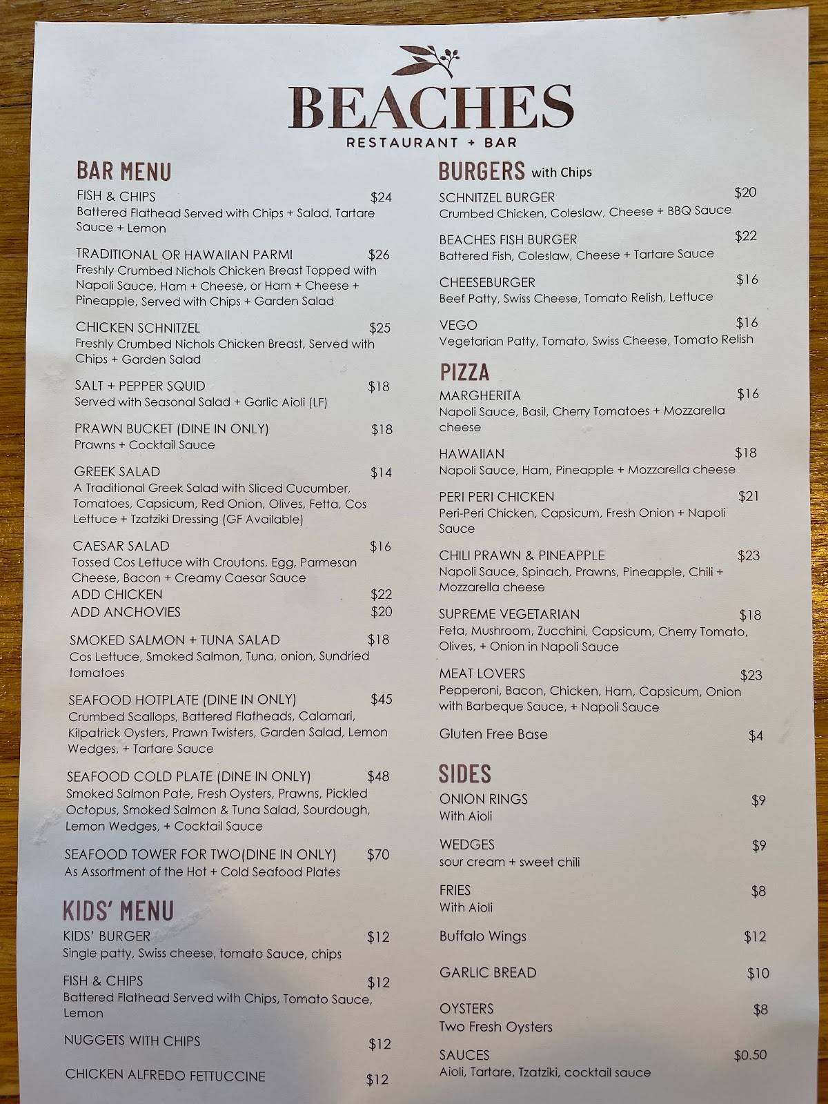 Menu at Beaches Restaurant & Bar, Seven Mile Beach