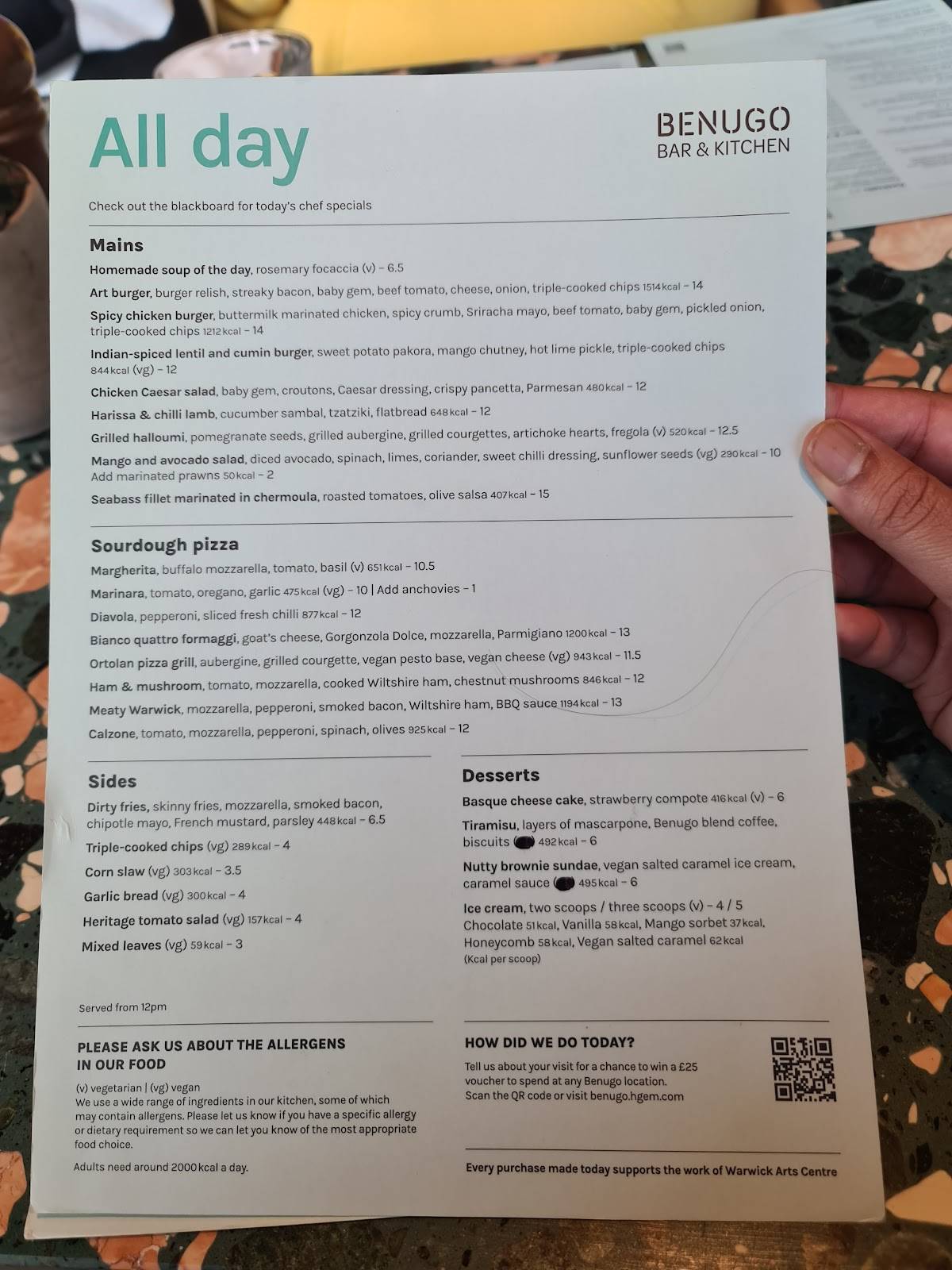 Menu at Benugo Bar & Kitchen at Warwick Arts Centre, Coventry