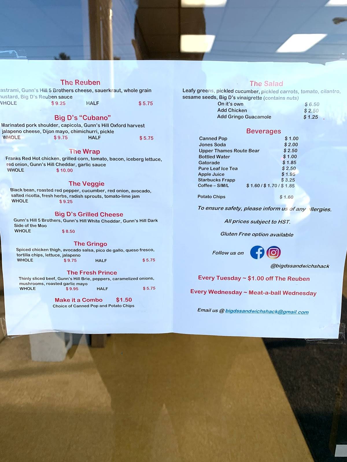 Menu at Big D's Mama's Sandwich Shack restaurant, Woodstock