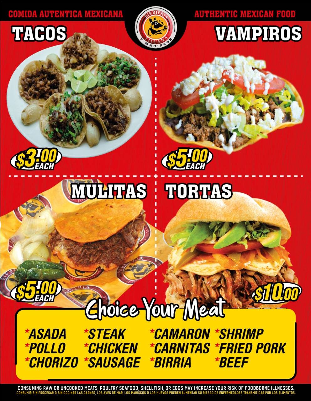 Menu at Birrieria Tijuana restaurant, Everett