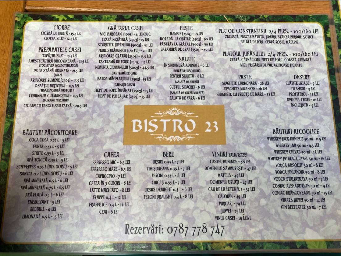 Menu at Bistro 23, Bucharest