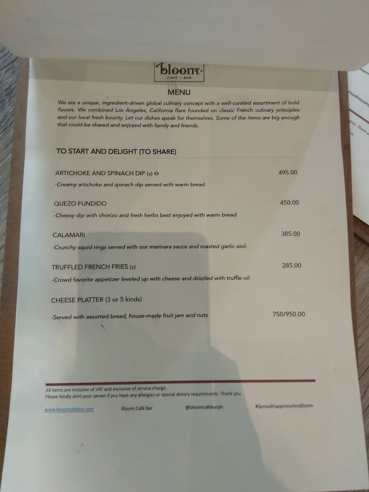 Menu at Bloom Cafe + Bar, Makati