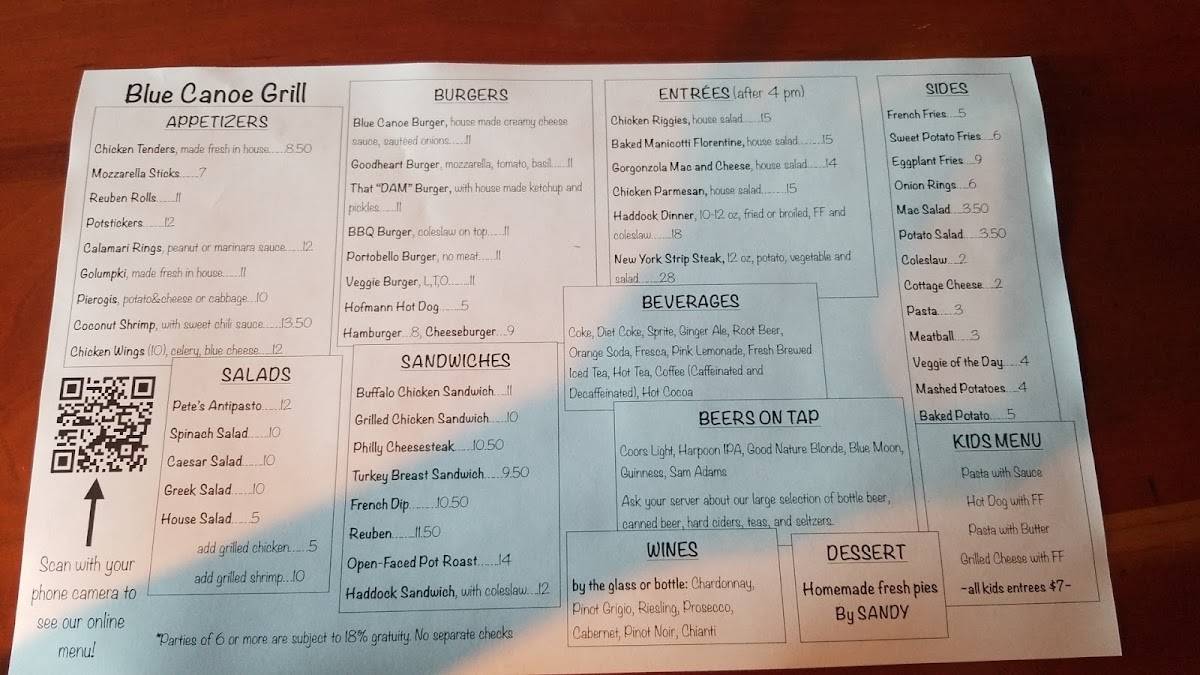 Menu at Blue Canoe Grill restaurant, Erieville, N Lake Rd