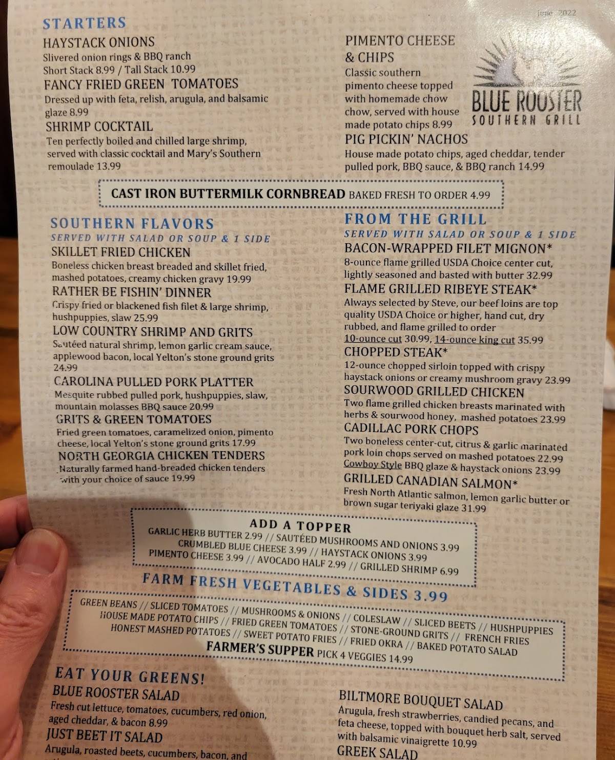 Menu at Blue Rooster Southern Grill restaurant, Lake Junaluska