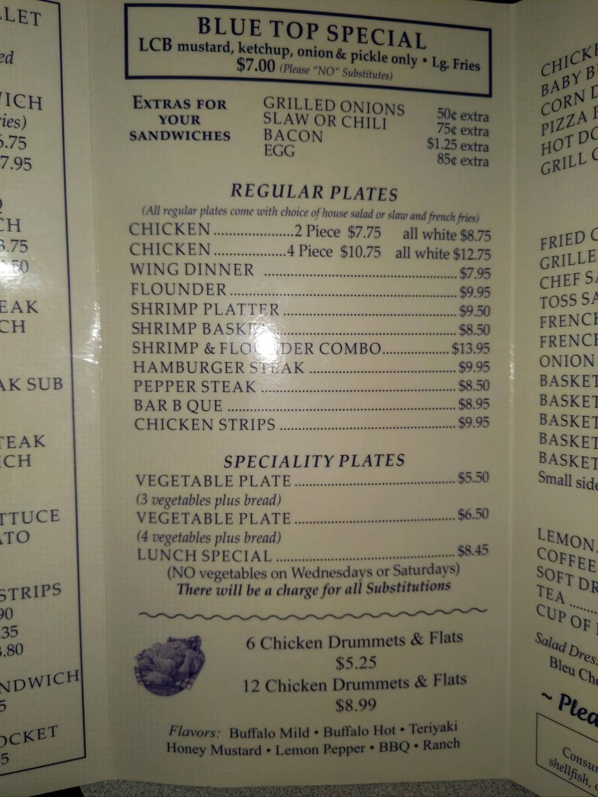 Menu at Blue Top Grill restaurant, Graniteville