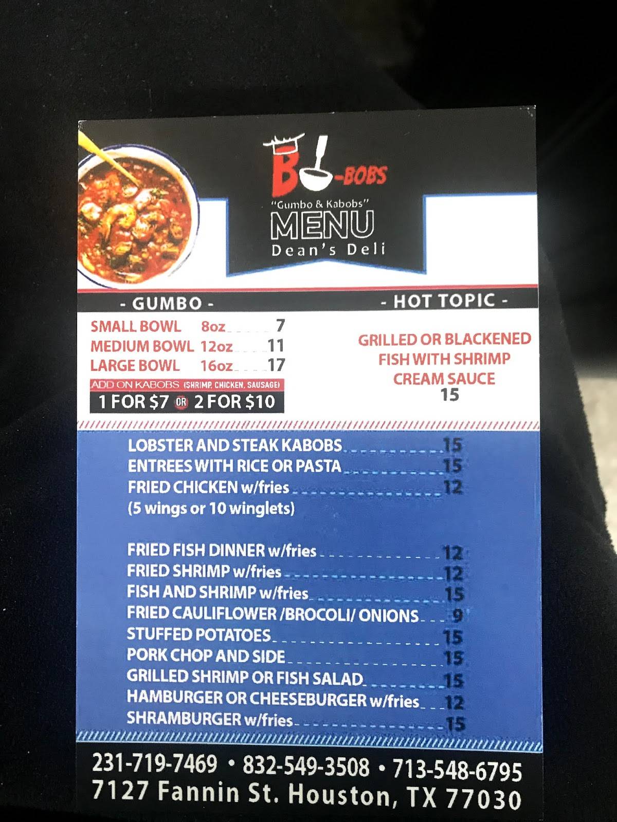 Menu at Bo-bobs restaurant, Houston