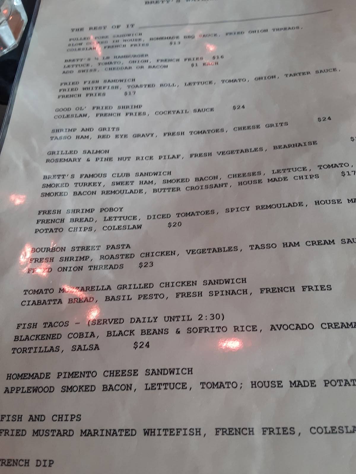 Menu at Brett's Waterway Cafe, Fernandina Beach