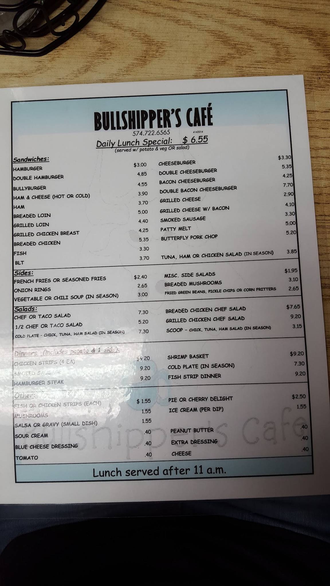 Menu at Bullshipper’s Cafe, Logansport, 830 E Main St