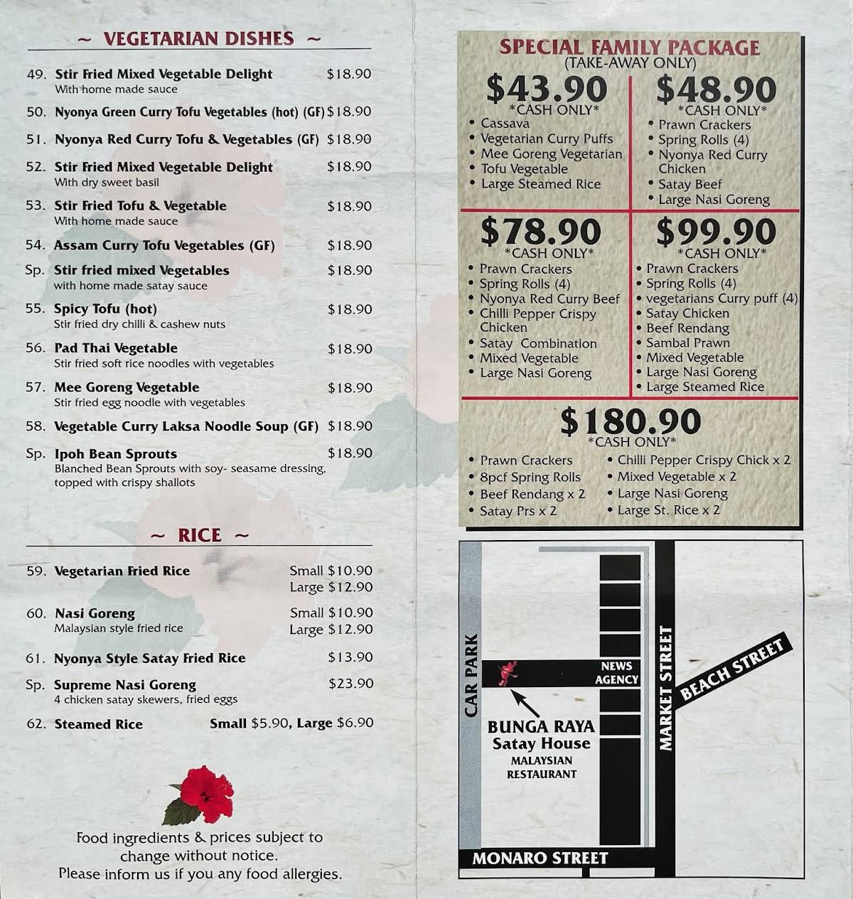 Menu at BungaRaya Satay House Malaysian Restaurant, Merimbula