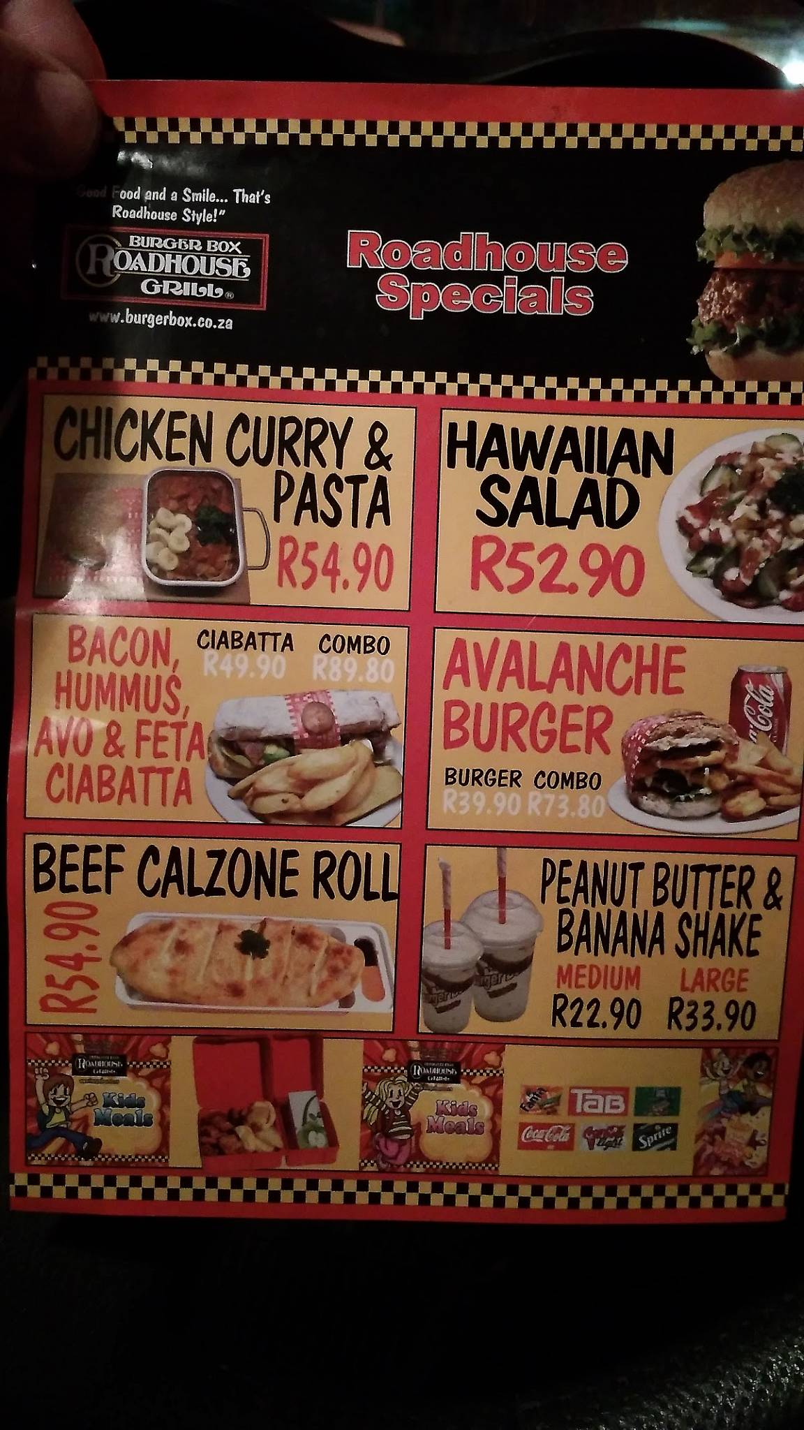 Menu at Burger Box Roadhouse restaurant, Krugersdorp, Gauteng