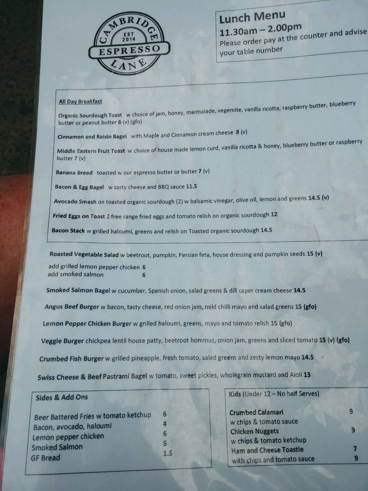Menu at Cambridge Lane Espresso + Kitchen restaurant, Manly