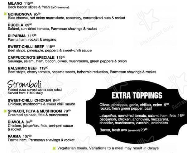 Menu at Cappuccinos Waverley restaurant, Pretoria, 1120 Hertzog St