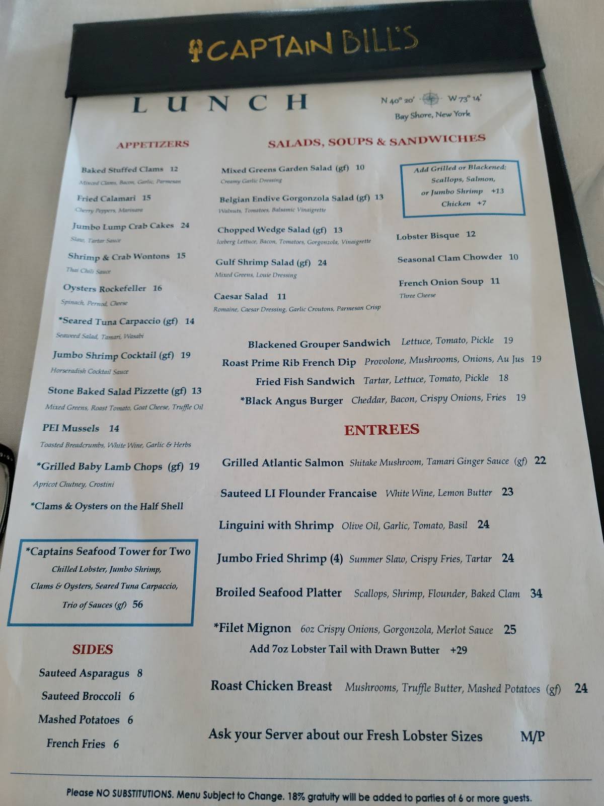 Menu at Captain Bills Restaurant & Catering, Bay Shore