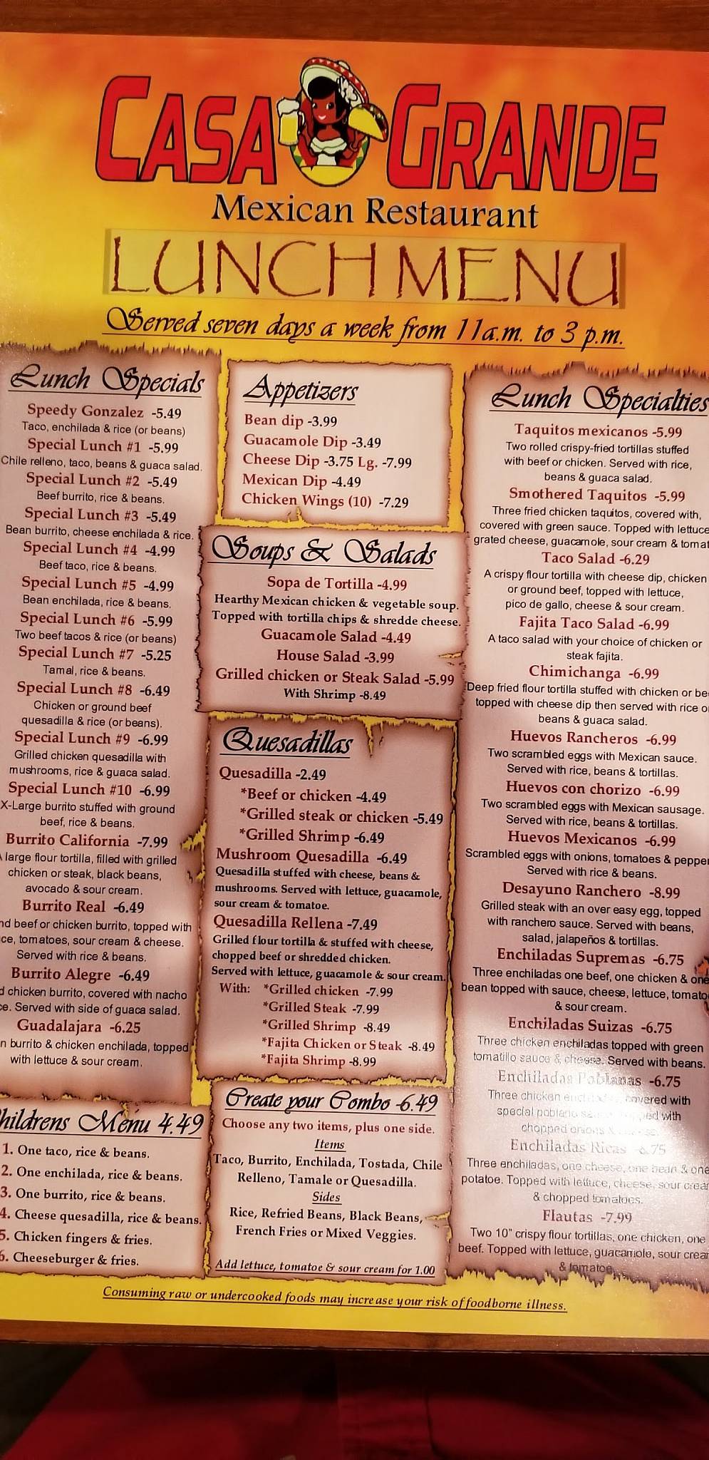 Menu at Casa Grande Mexican Restaurant, Cookeville