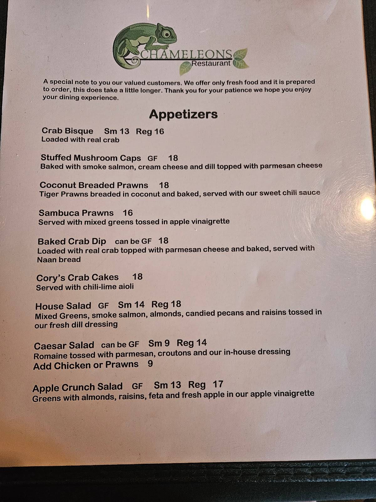 Menu at Chameleons restaurant, Parksville