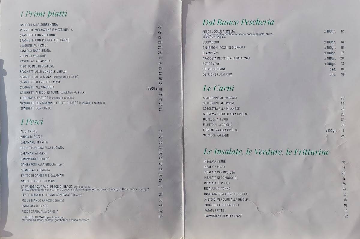 Menu at Chez Black restaurant, Positano