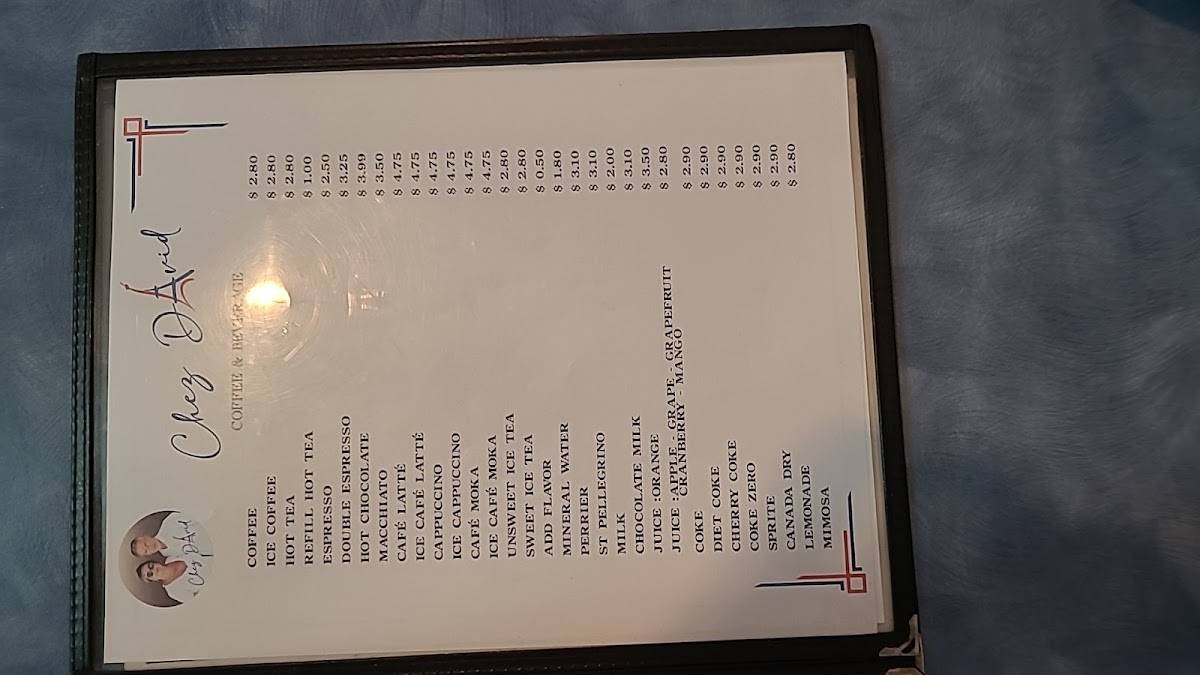 Menu at Chez David restaurant, Clearwater