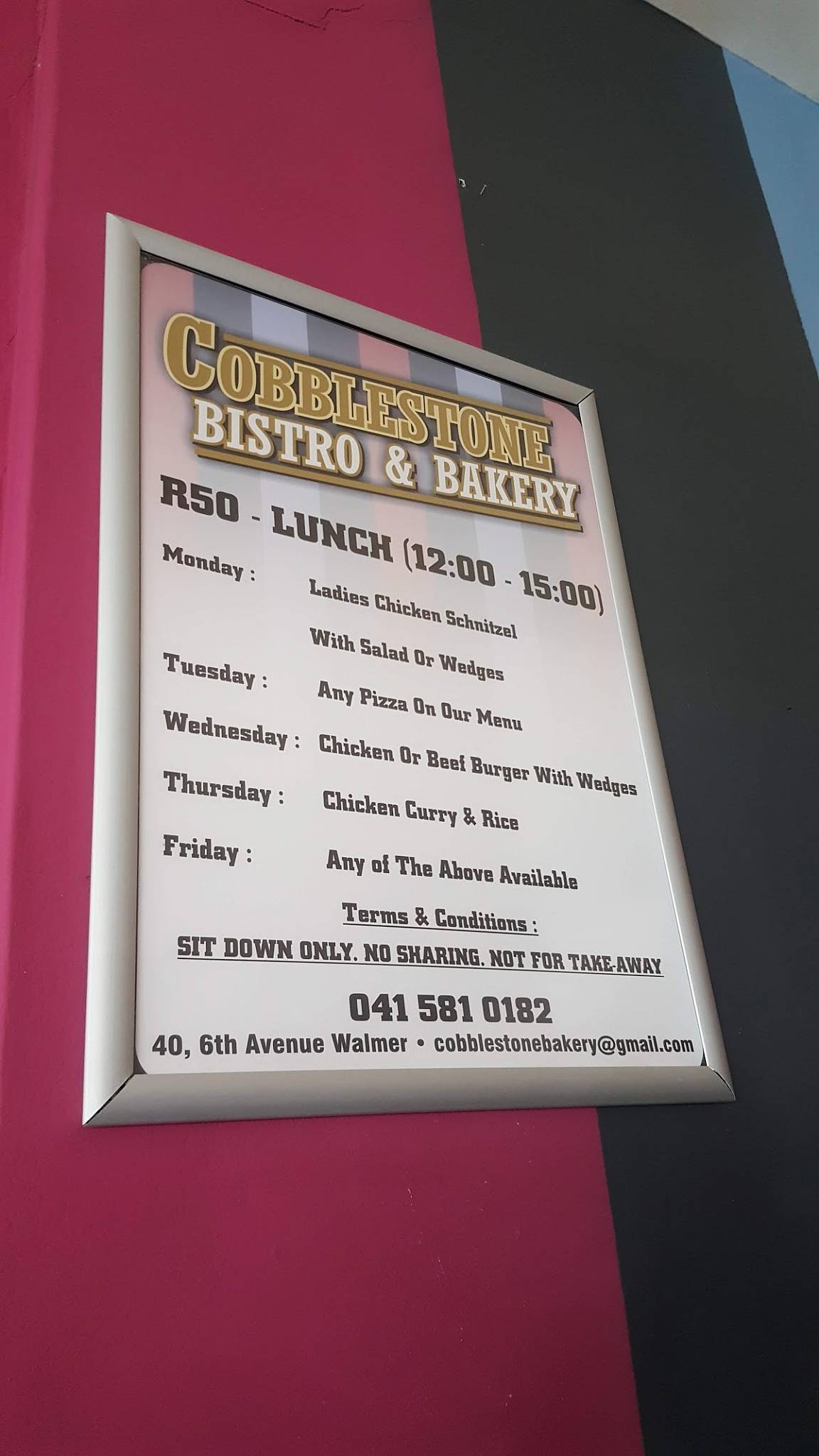 Menu at Cobblestone Bistro & Bakery, Port Elizabeth, 40 6th Ave