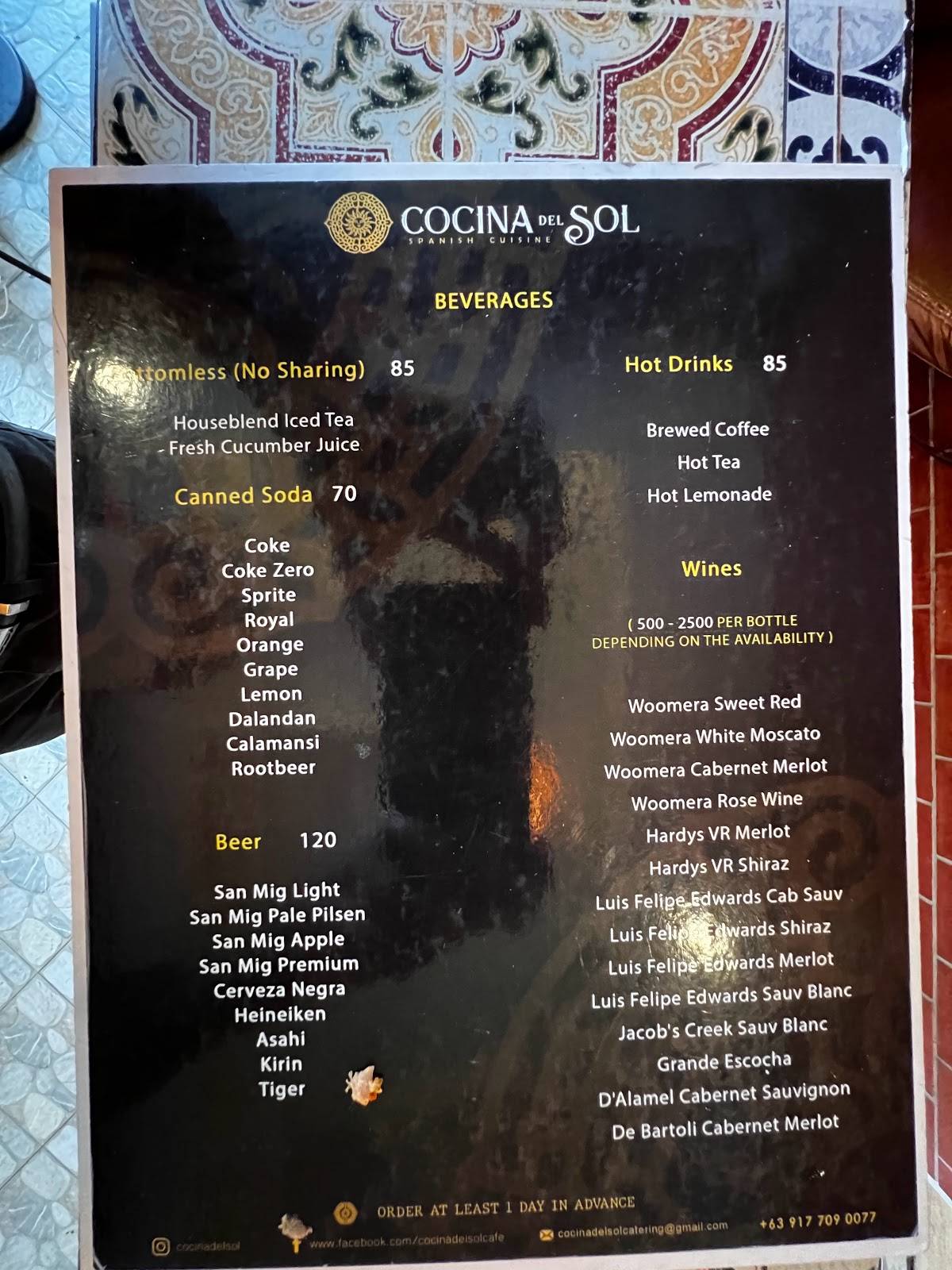 Menu at Cocina del Sol restaurant, Baguio