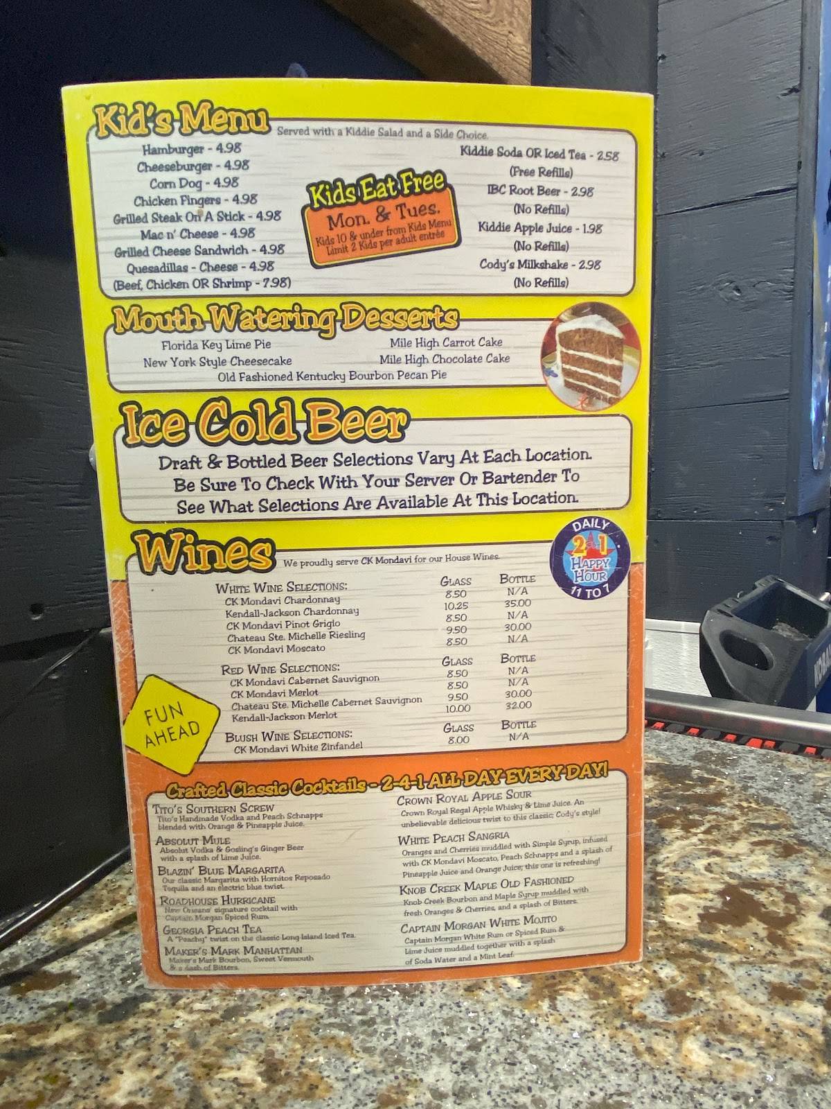 Menu at Cody's Original Roadhouse - Ocala, FL restaurant, Ocala, SW ...
