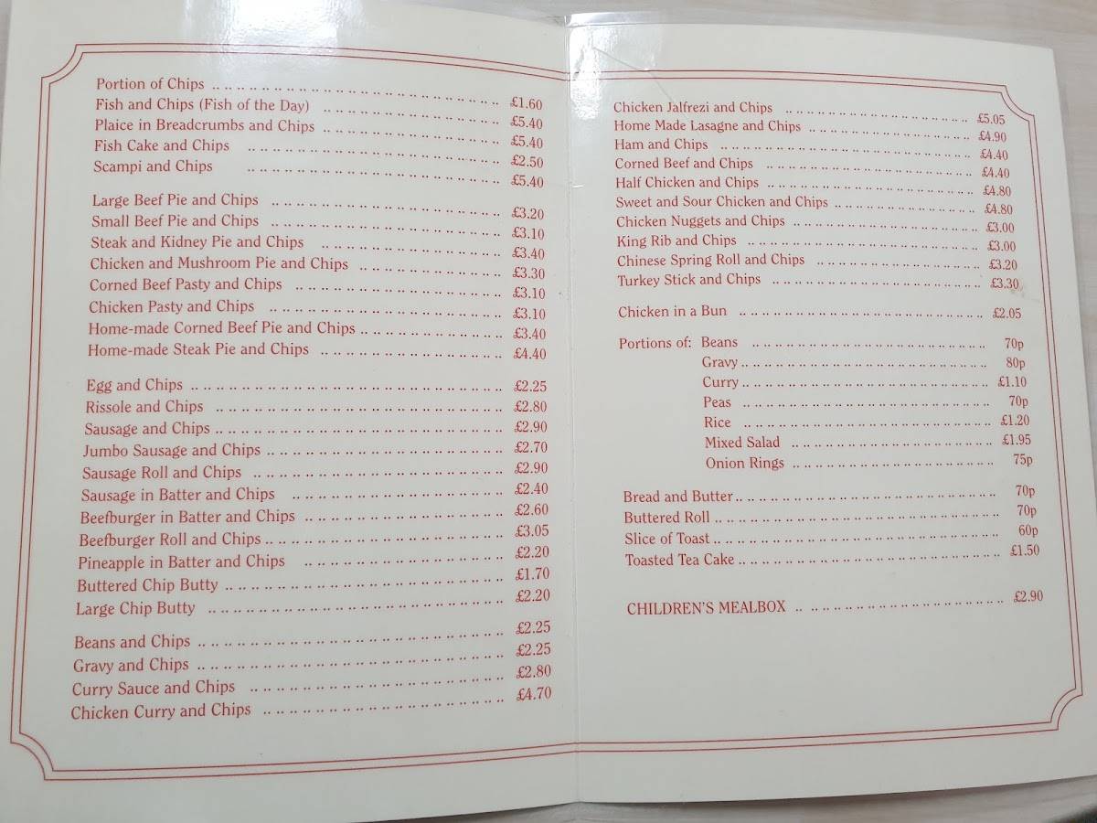 Menu at Conti's Fish & Chip Bar, Tonypandy
