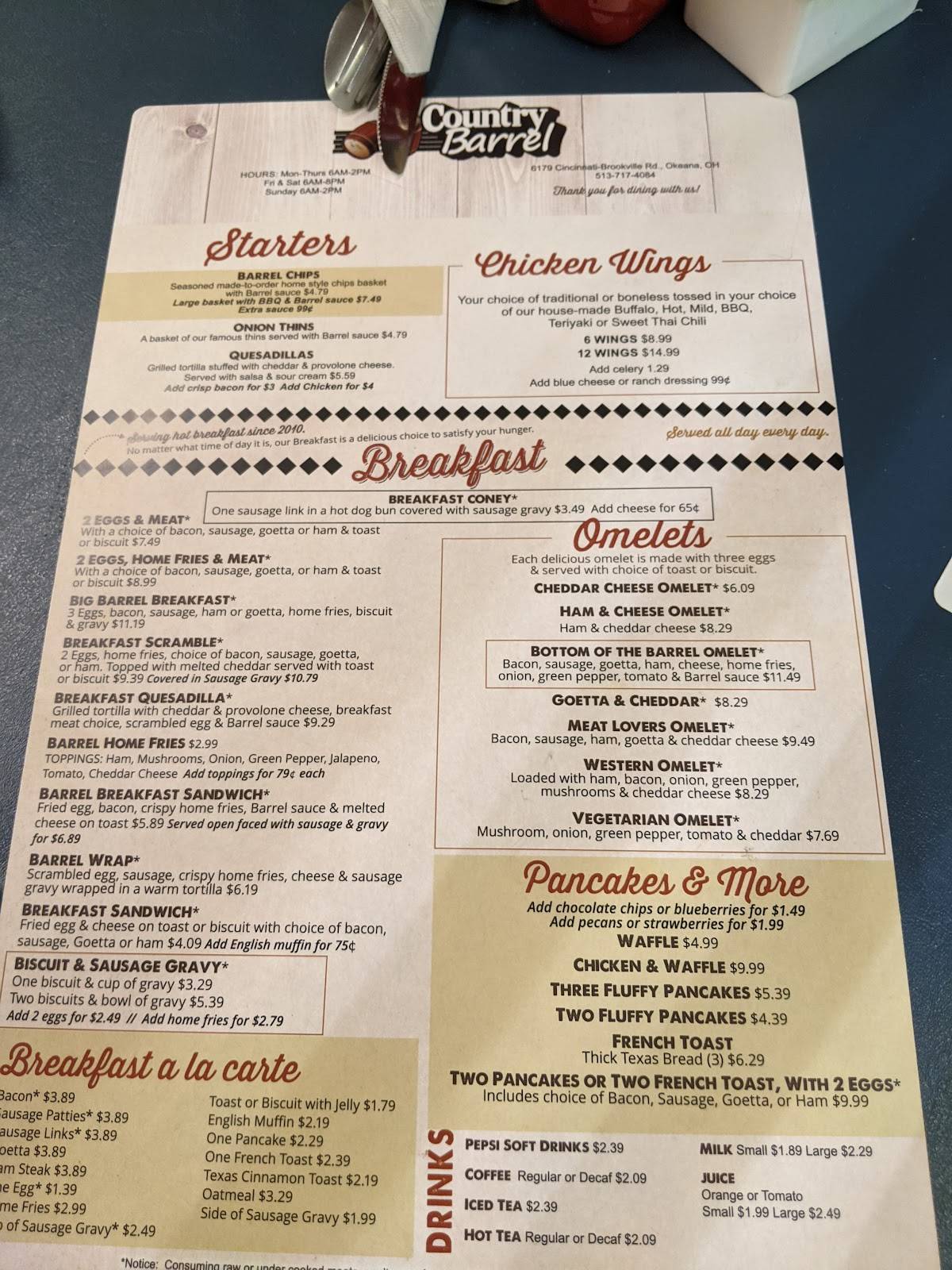 Menu at Country Barrel Restaurant, Okeana, Cincinnati Brookville Rd