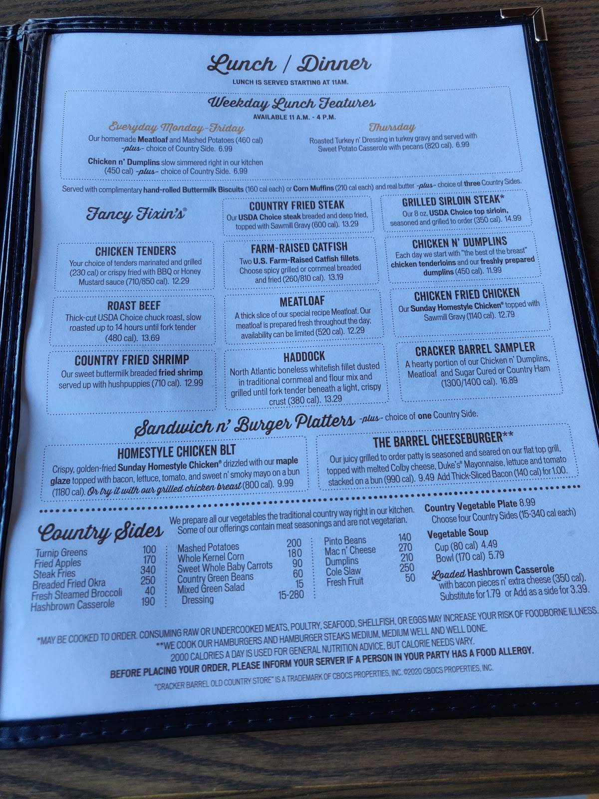 Menu at Cracker Barrel Old Country Store, Sacramento