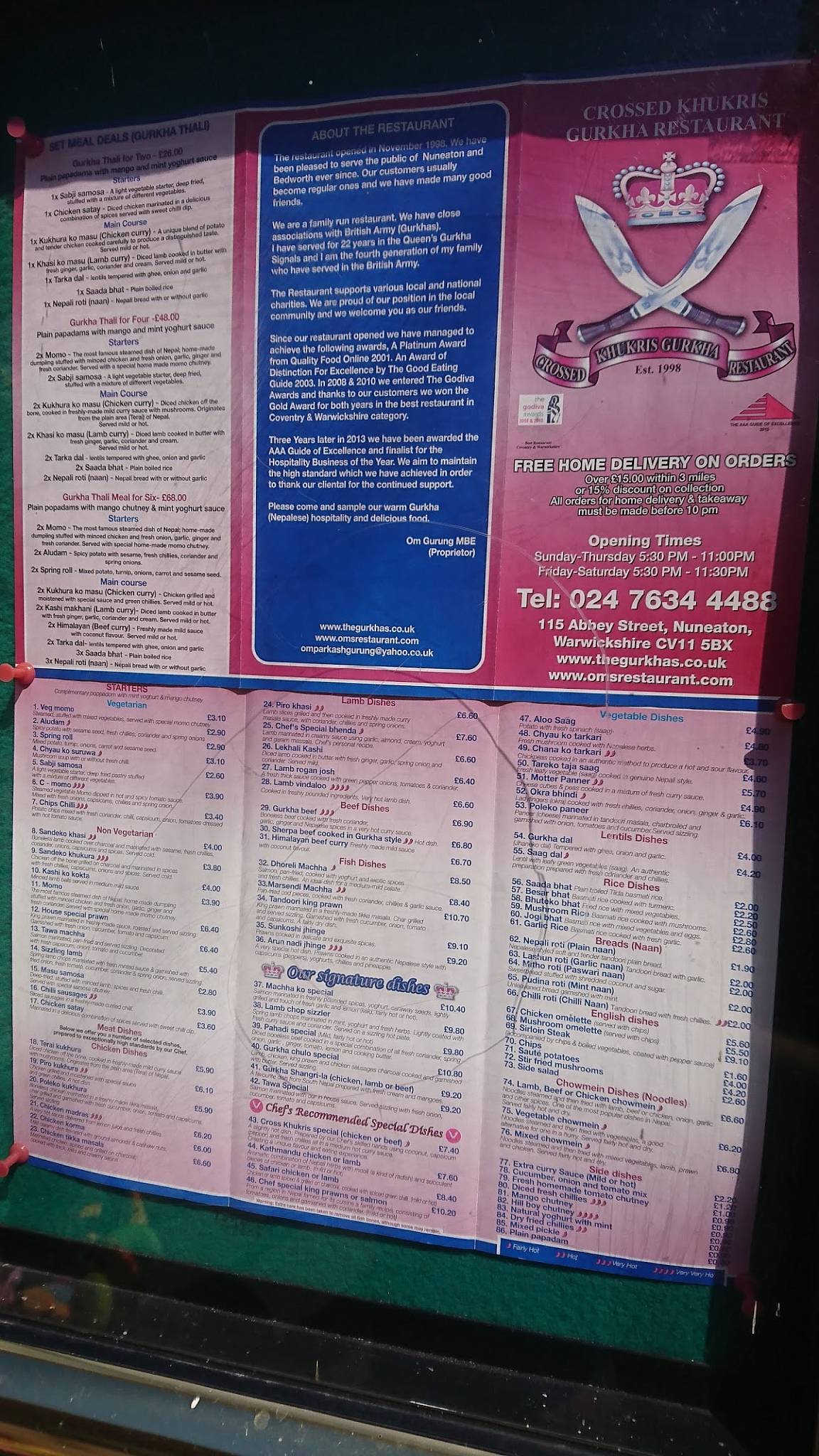 Menu at Crossed Khukris Gurkha Restaurant, Nuneaton