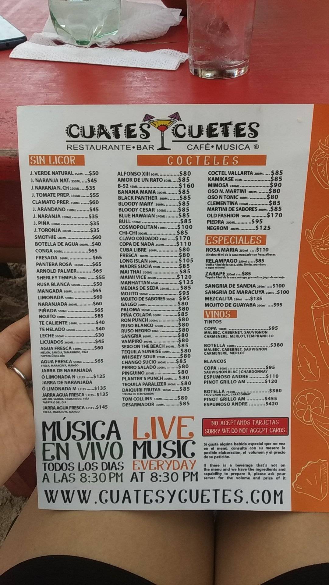 Menu at Cuates y Cuetes restaurant, Puerto Vallarta