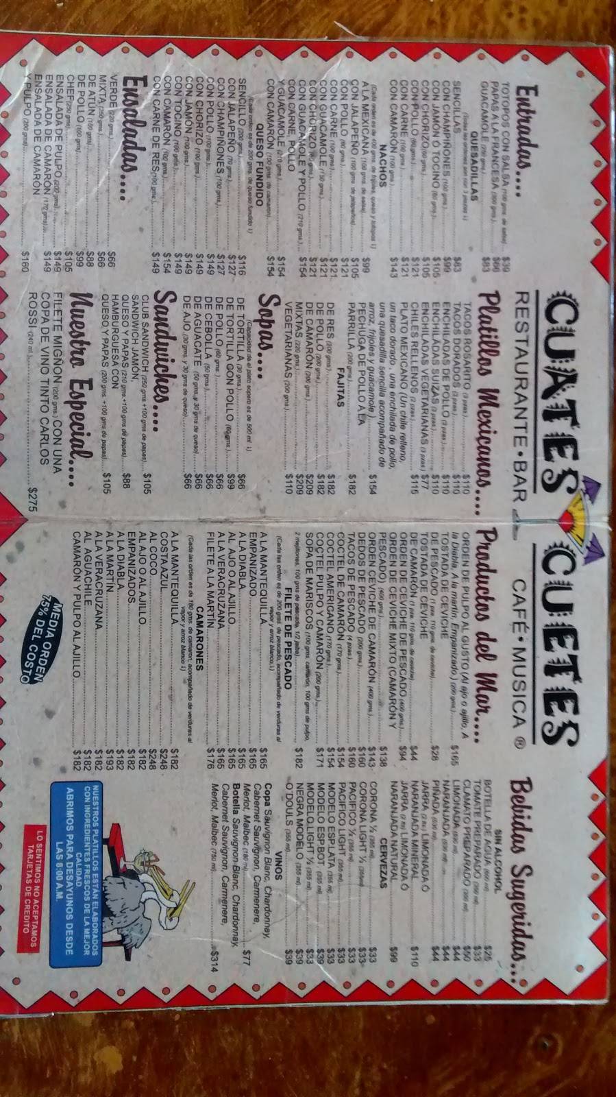 Menu at Cuates y Cuetes restaurant, Puerto Vallarta