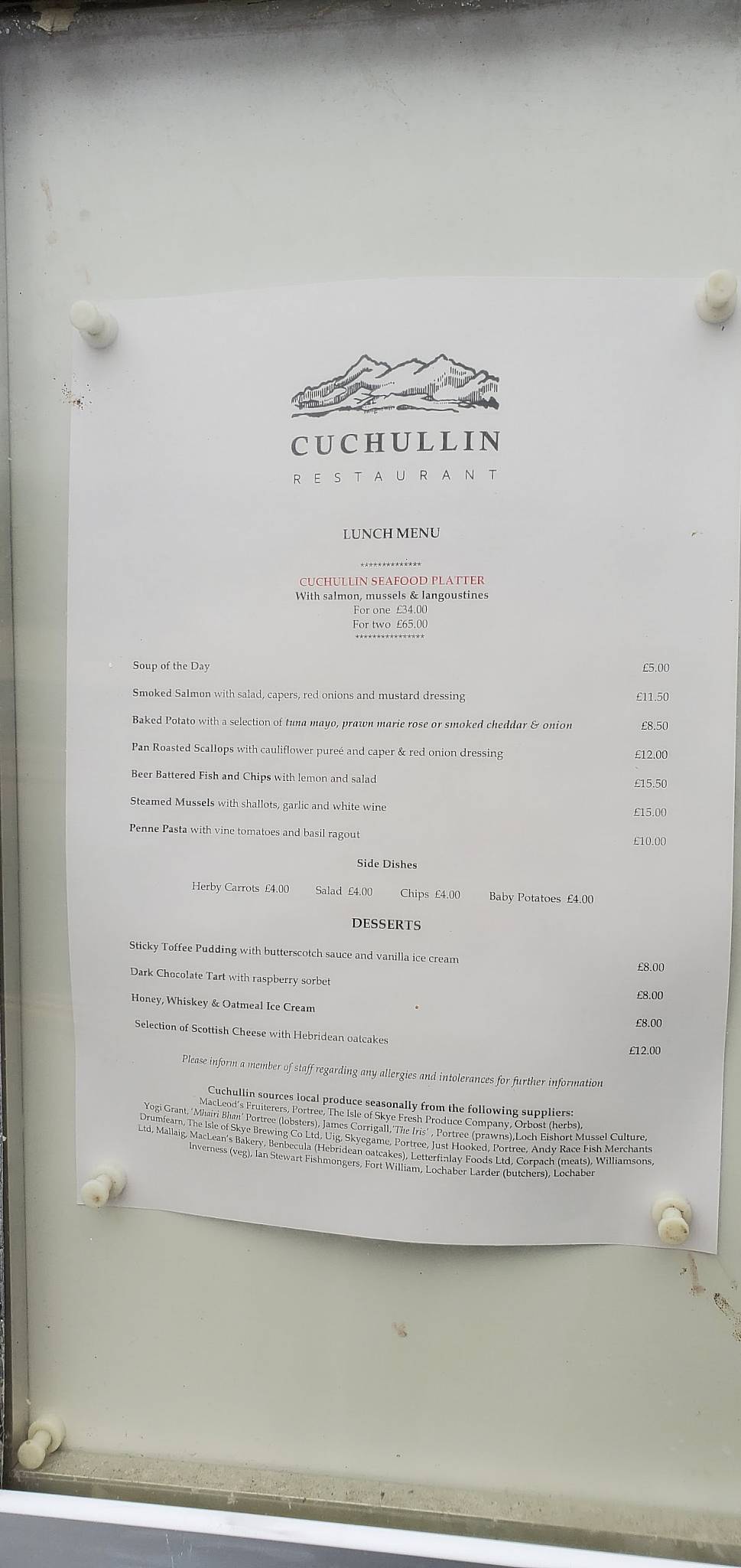 Menu at Cuchullin Restaurant, Portree