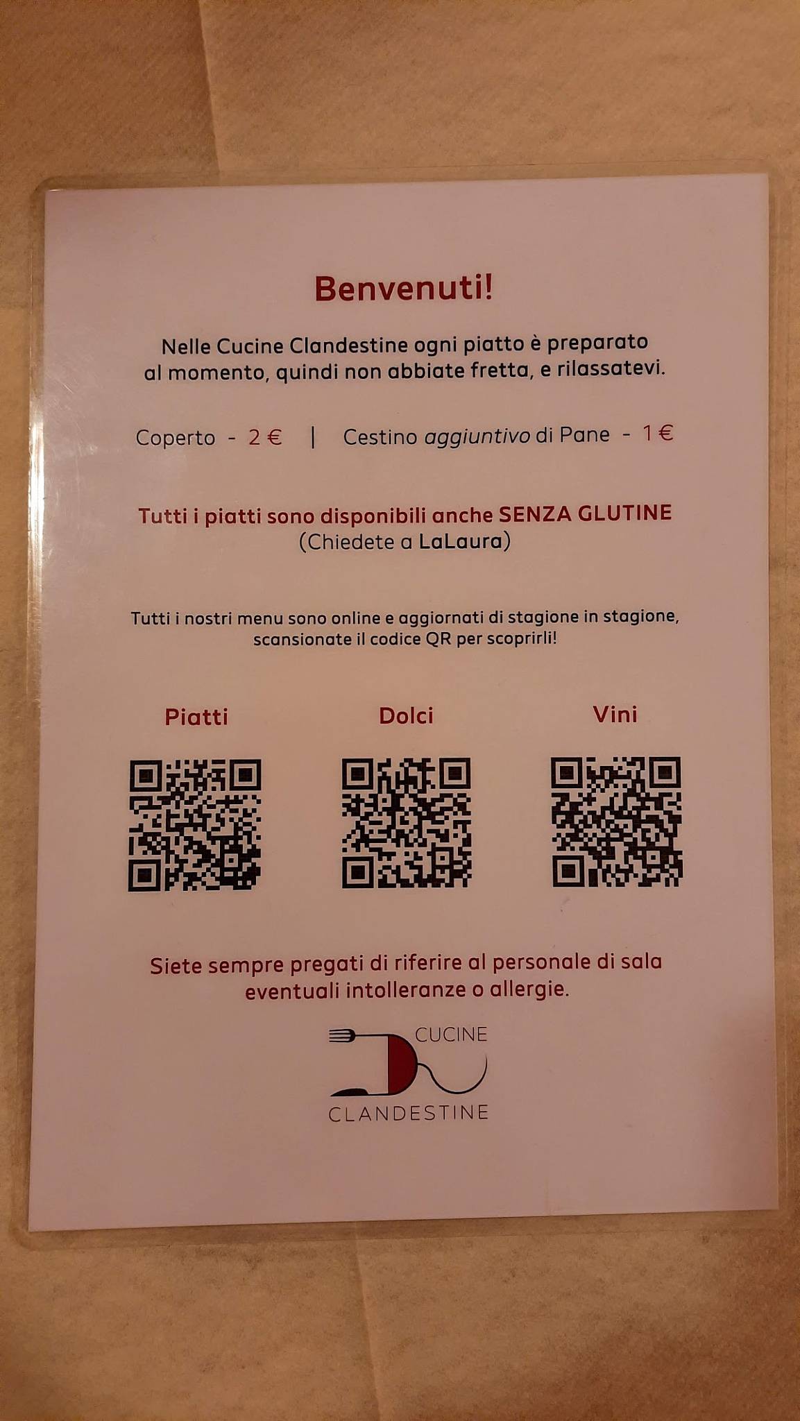 Carta del restaurante Cucine clandestine, Reggio Emilia
