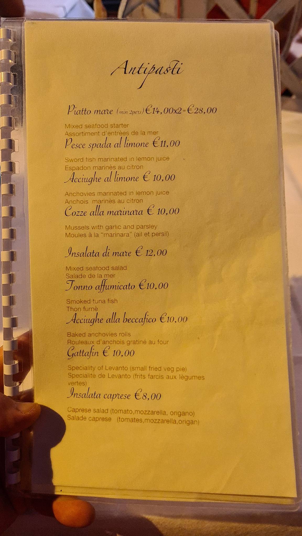 Menu da Da Tapulin ristorante, Levanto